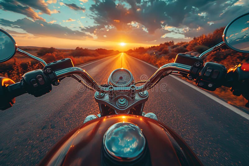 Motorcycle Driving on Empty Road at Sunset. Adventure Freedom of Single ...