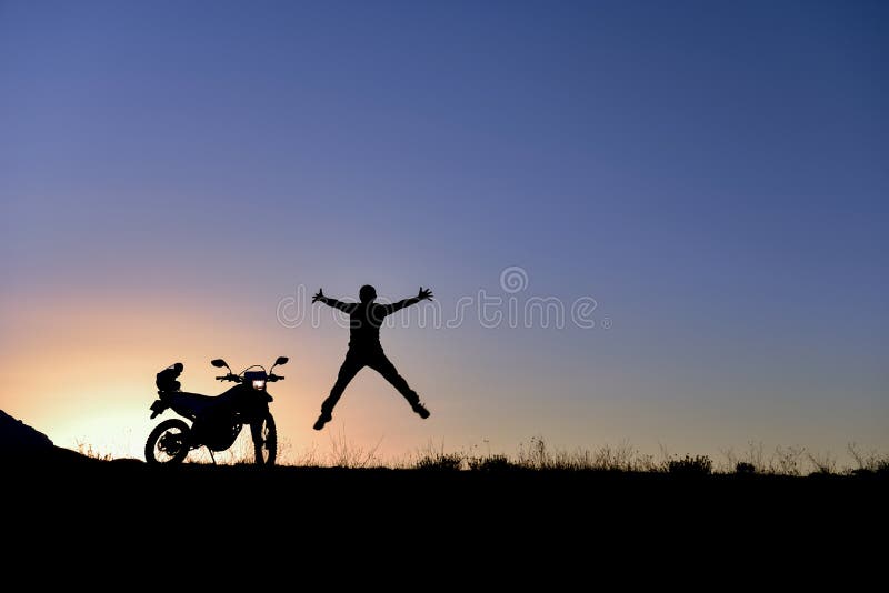 Motorcycle Adventurer Silhouette And Happy Stock Photo - Image of ...