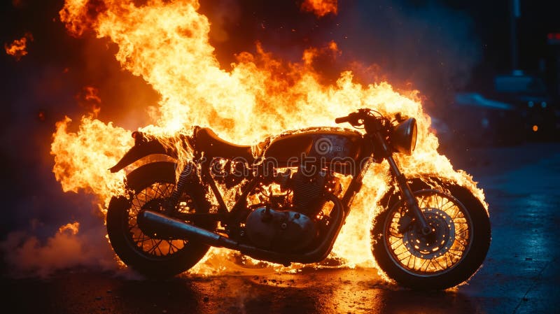 A Motorcycle is Engulfed by Flames on the Street Stock Photo - Image of ...