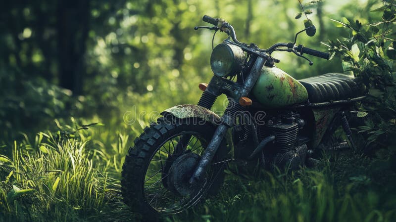 Motorcycle in Forest stock photo. Image of trip, relax - 374947534