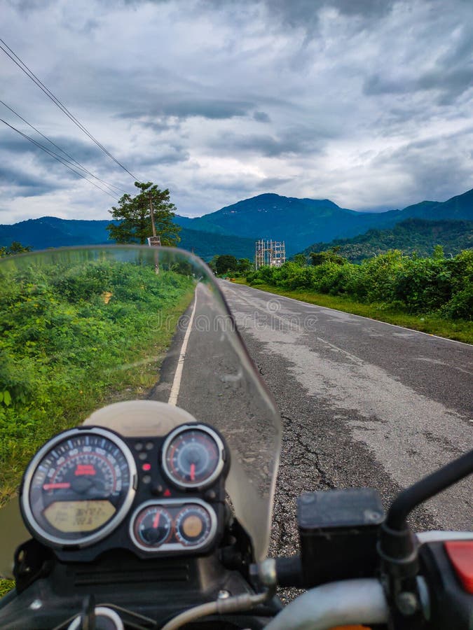 Motorcycle Front View at Tarmac Road with Mountain View at Morning ...