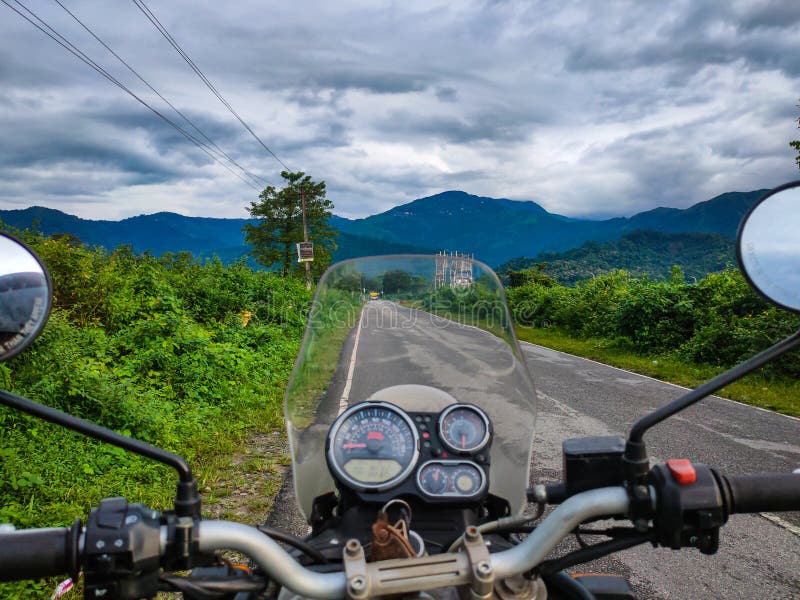 Motorcycle Front View at Tarmac Road with Mountain View at Morning ...