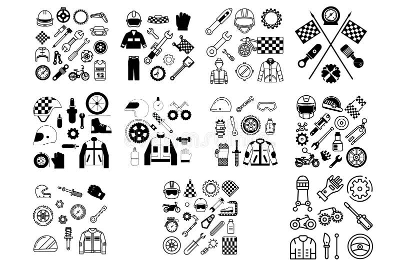 Motorcycle Gear Icons, Racing Helmets, Tools, Checkered Flags, Black ...