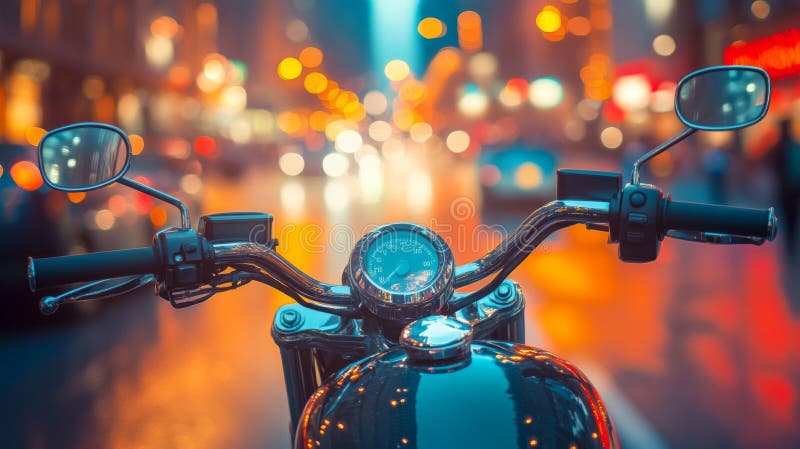 Motorcycle Handlebars City Night Lights Background Stock Illustration ...