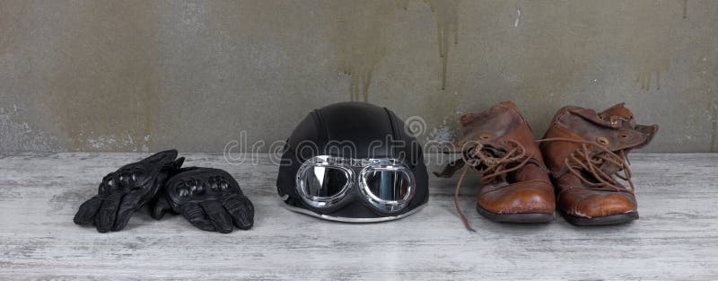 Motorcycle Helmet and Biker Gloves on Table Stock Photo - Image of ...