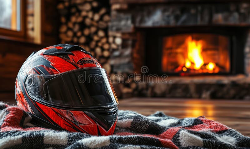 Motorcycle Helmet Resting on Cozy Blanket Near Warm Fireplace in Rustic ...