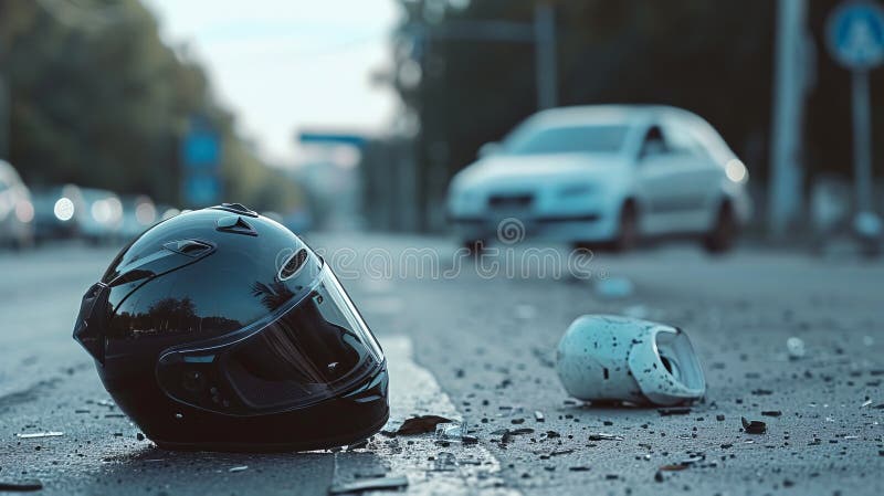 Motorcycle Accident Scene with a Helmet on the Ground and Vehicles in ...