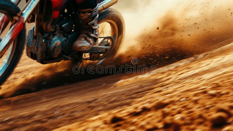 A Motorcycle Leans into a Dirt Track Curve, Kicking Up Dust Stock ...
