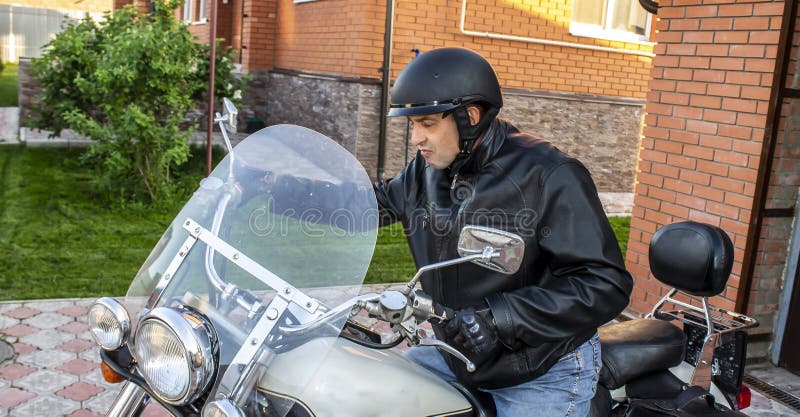 Motorcycle Man in Jacket and Helmet, Biker Stock Image - Image of ...