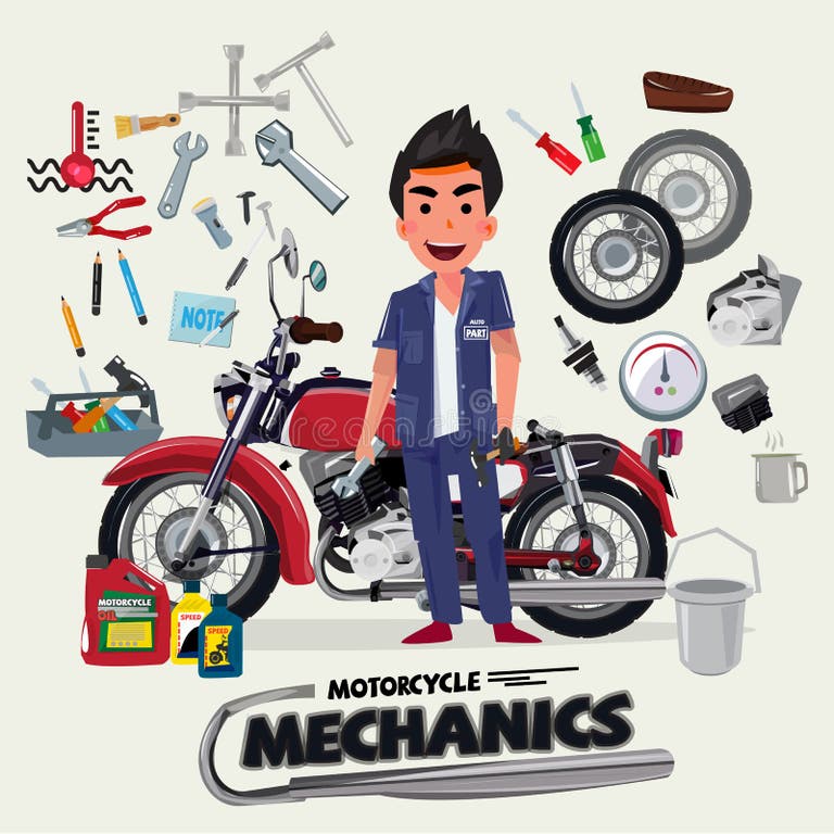 Motorcycle Mechanics with Tool Kit. Character Design - Vector Stock ...