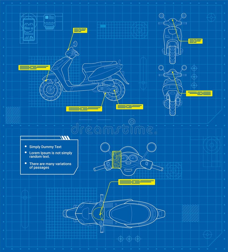 Motorcycle in Outline Style Schematic Blueprints Vehicle Side Front ...