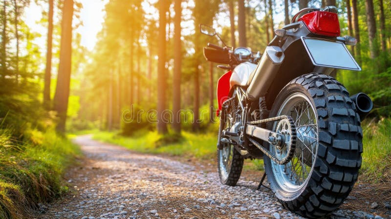 Motorcycle Parked on a Forest Trail at Sunrise Stock Illustration ...