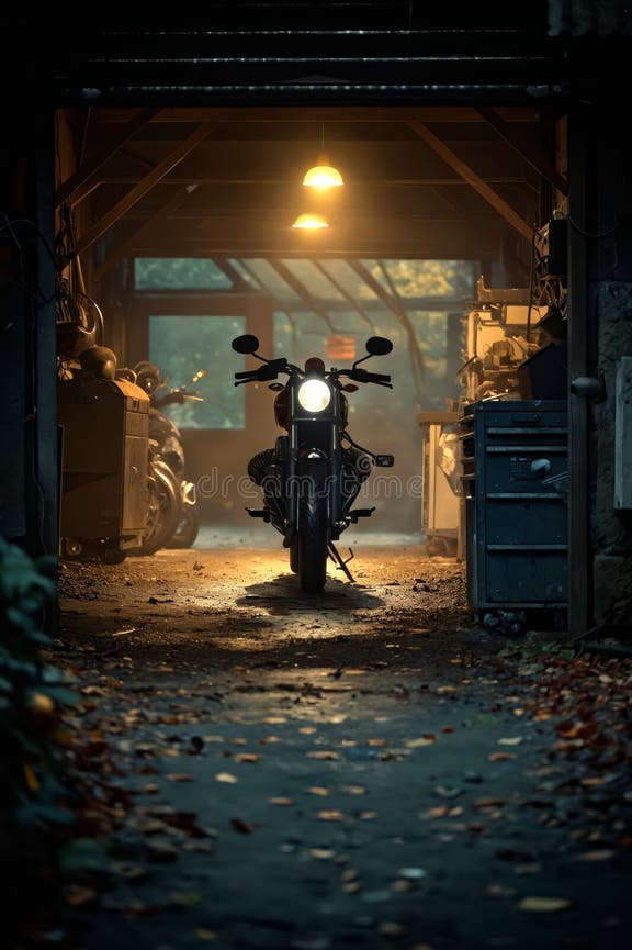 A Motorcycle is Parked in a Garage at Night. Generative AI Stock Photo ...