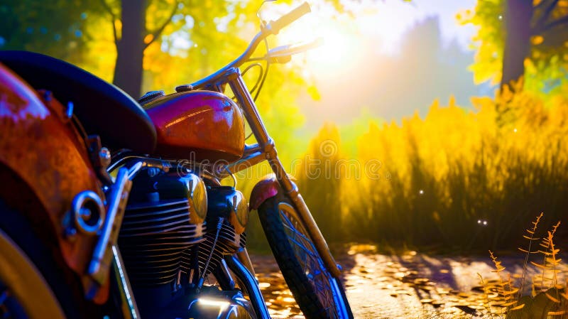 Motorcycle Parked on the Side of Road in Front of Tree. Generative AI ...