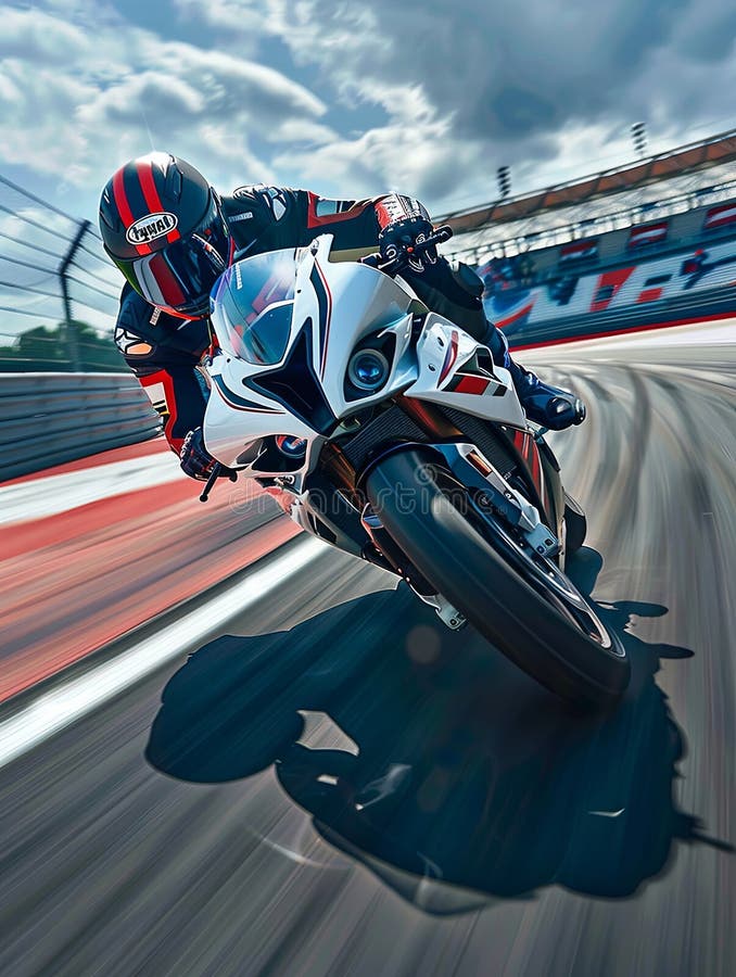 A Motorcycle Racer Deftly Navigates a Sharp Turn on a Racetrack ...