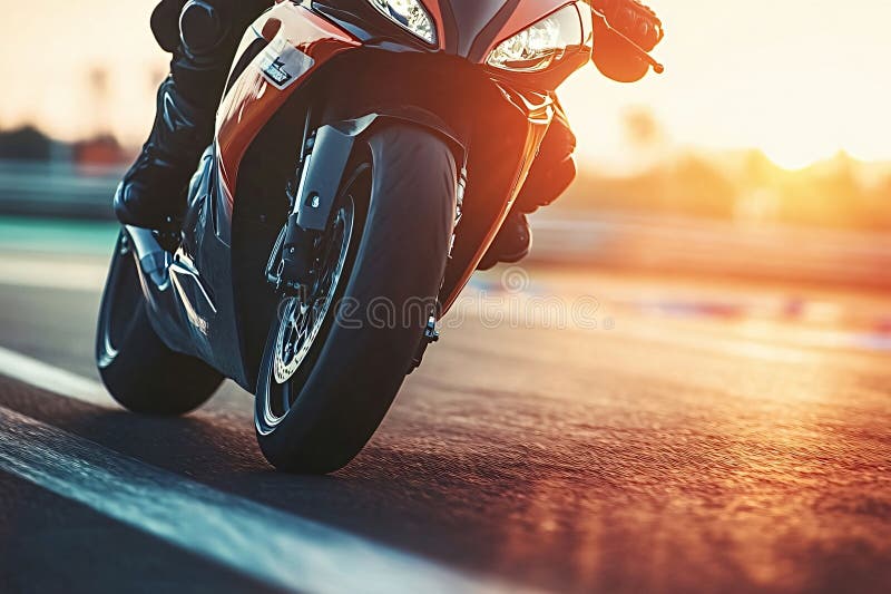 Motorcycle Racer Taking Turn on a Sunset Lit Racetrack Stock Photo ...