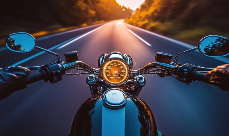 Motorcycle Ride on Open Road, Sunset Glow, Handlebars View, Speedometer ...