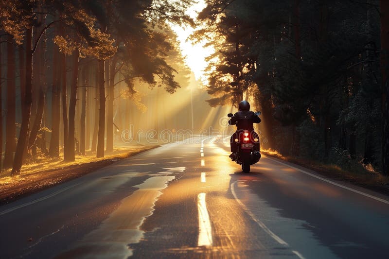Motorcycle Rider Driving through Forest Road Ai Photo Stock ...