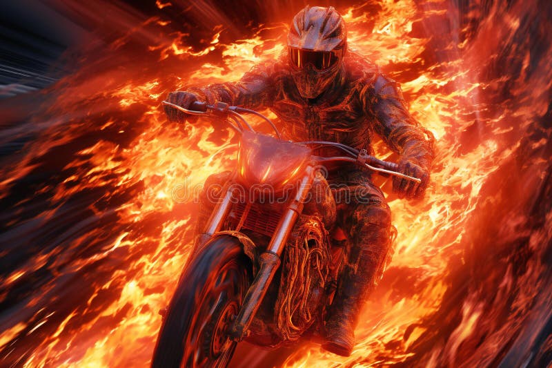 Motorcycle Rider on a Motorcycle in a Fire Stock Illustration ...