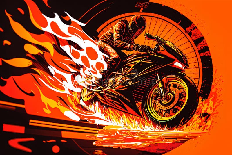 Motorcycle Rider on a Motorcycle in the Flames of Fire. Vector ...