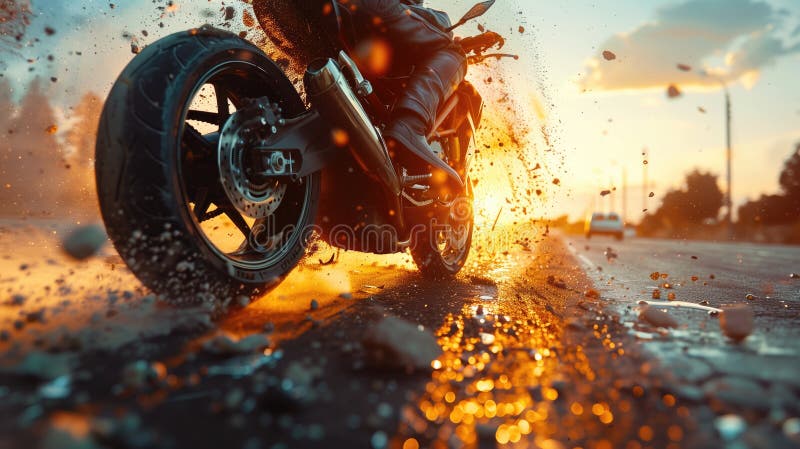 Motorcycle Rider Riding on the Road at Sunset. Close-up Stock Photo ...