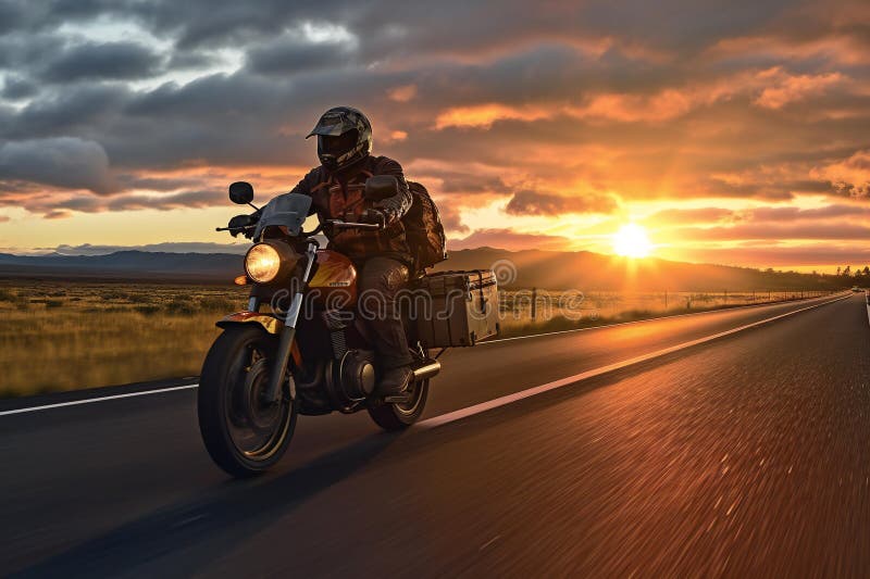 Motorcycle Rider on the Road at Sunset Stock Illustration ...