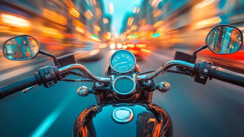 Motorcycle Rider Speeds through City Night Lights Stock Illustration ...