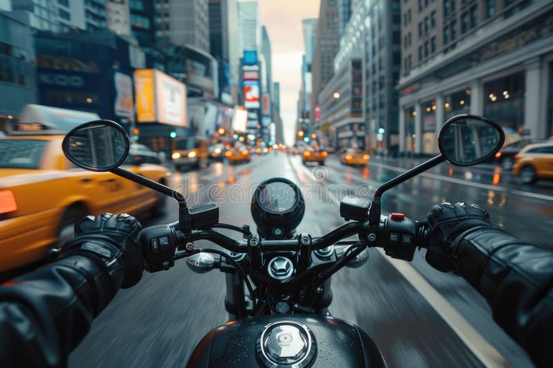 A Motorcycle Rides Alongside Tall Buildings in the City Stock Photo ...