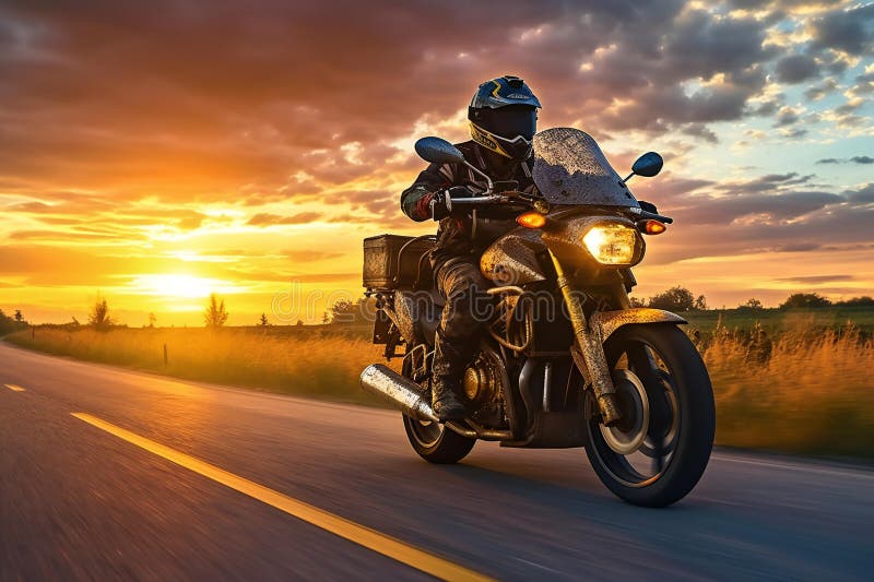 Motorcycle Riding on the Road at Sunset, Biker on the Road Stock ...