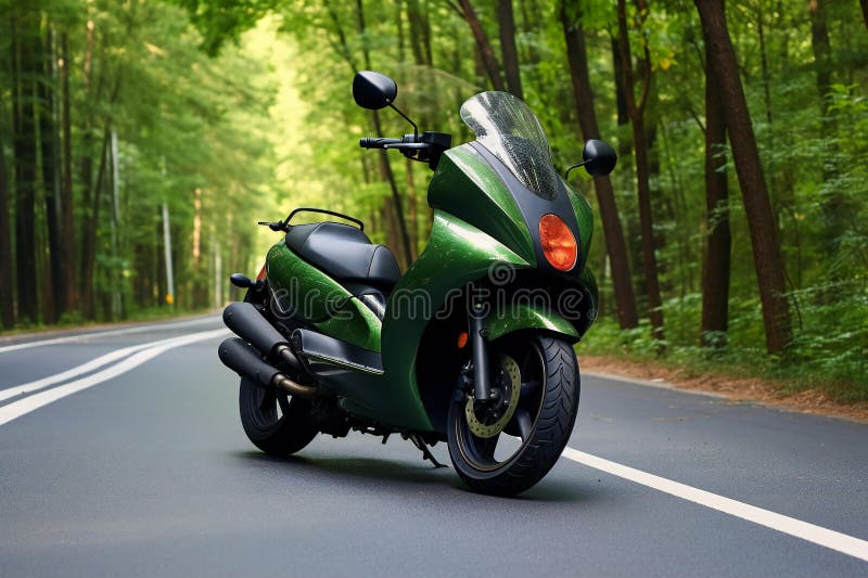 Motorcycle on the Road in the Green Forest, Side View Stock ...