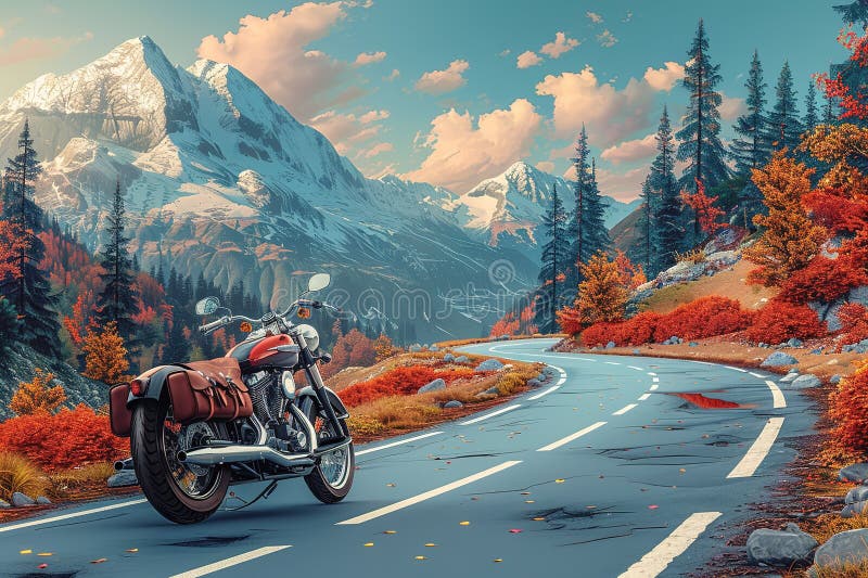 A Motorcycle is on a Road with Mountains Stock Illustration ...