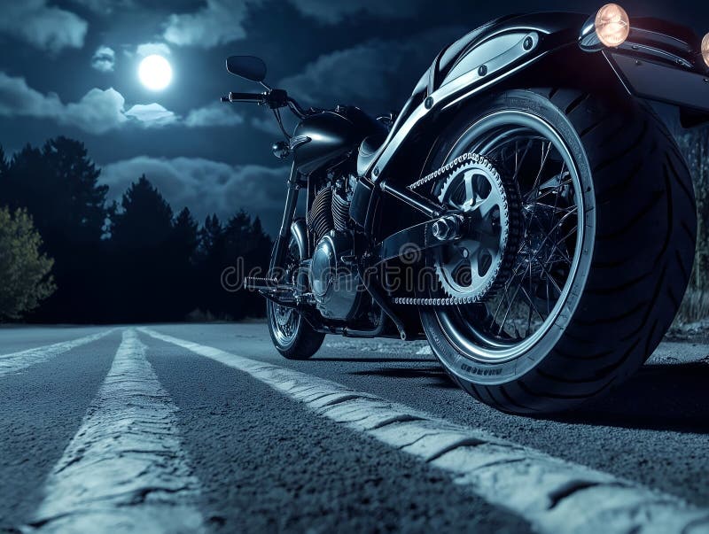 A Motorcycle on a Road at Night with a Full Moon, a Serene and Mystical ...
