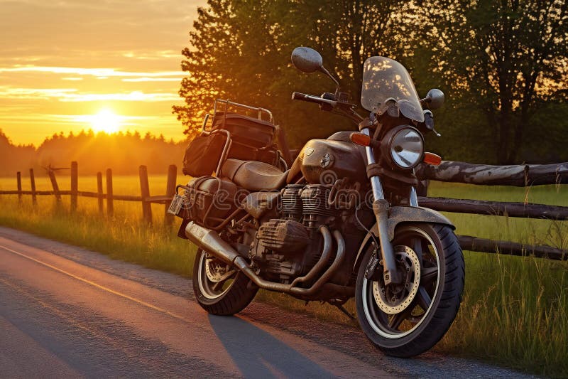 Motorcycle on the Road at Sunrise, Biker on the Road at Sunset Stock ...