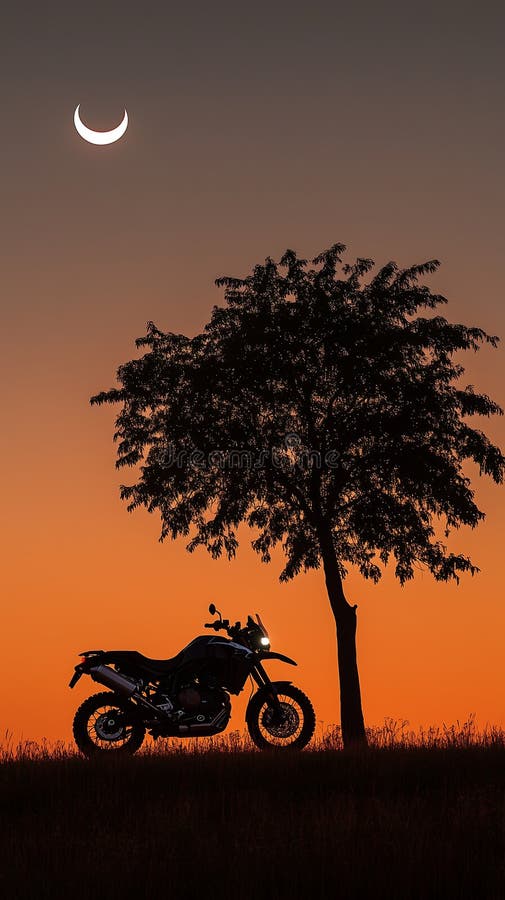 Motorcycle Silhouette Beneath a Tree at Sunset with Crescent Moon Stock ...
