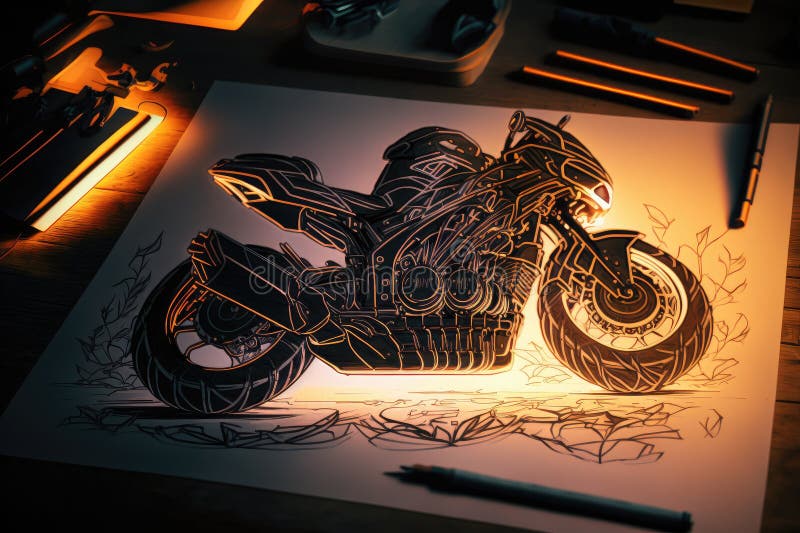 Motorcycle Sketch with Dramatic Lighting and Shadows, Bringing the ...