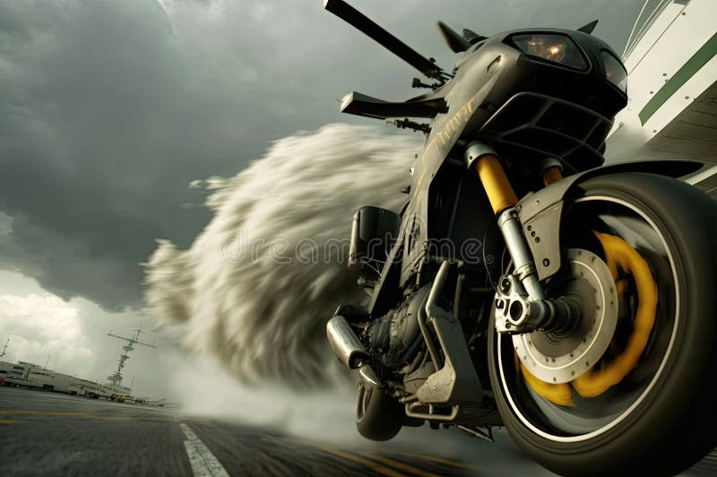 A Motorcycle is Spinning on Its Wheels on a Road Under a Cloudy Sky ...