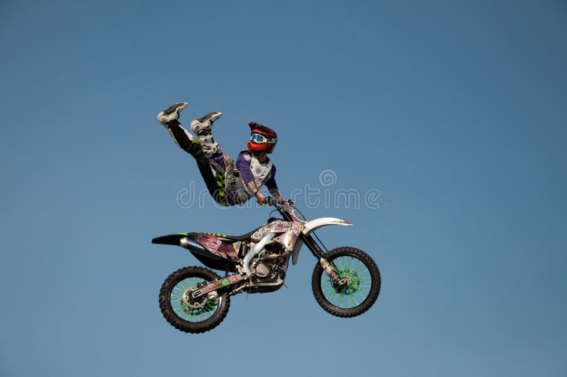 Motorcycle stunt man editorial stock image. Image of flying - 82905794