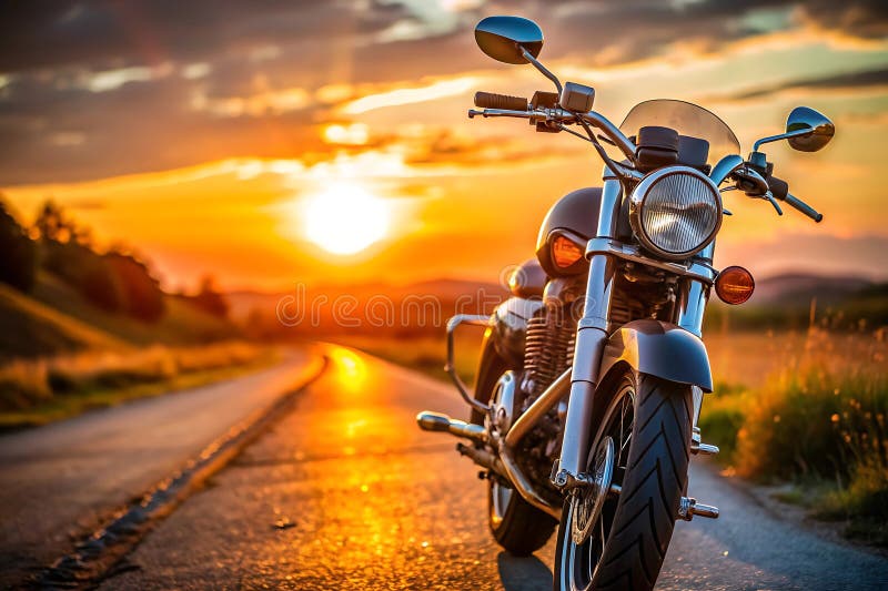 Motorcycle at Sunset on Open Road - Freedom and Adventure Stock ...
