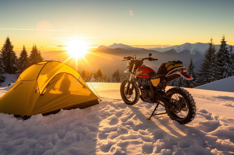 Motorcycle and Tent at Sunset Stock Illustration - Illustration of ...