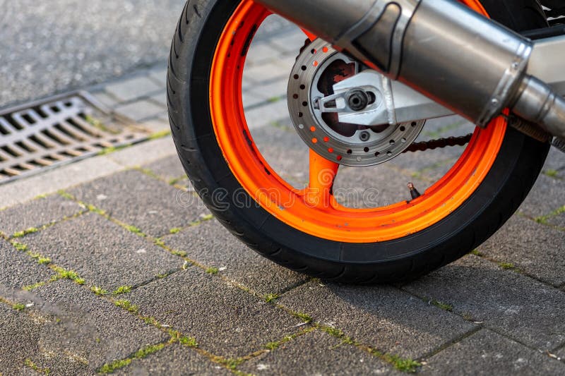 Motorcycle Tire with Orange Rims Stock Image - Image of circle, disc ...