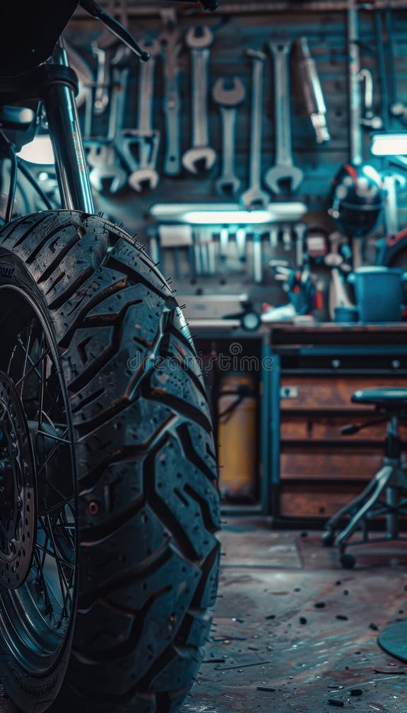 Motorcycle Tire Tread Design with Garage Tool Backdrop for Performance ...