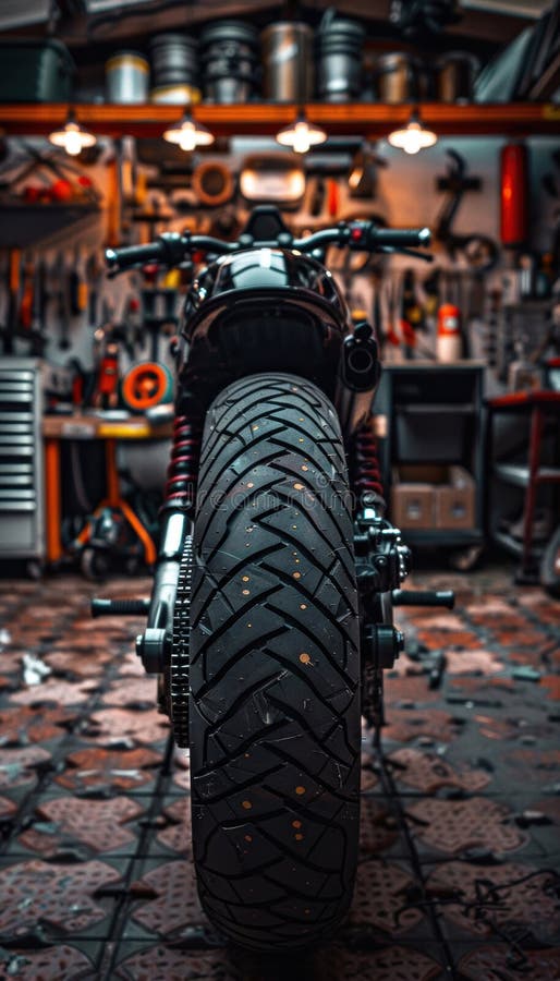 Motorcycle Tire Tread Design with Garage Tool Backdrop for Performance ...