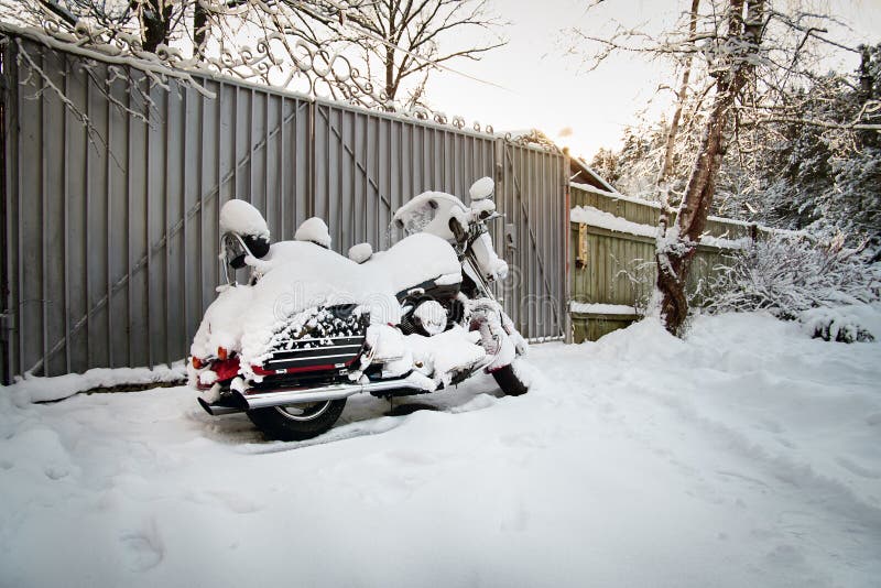 Motorcycle Under the Snow on Winter Parking Stock Image - Image of ...