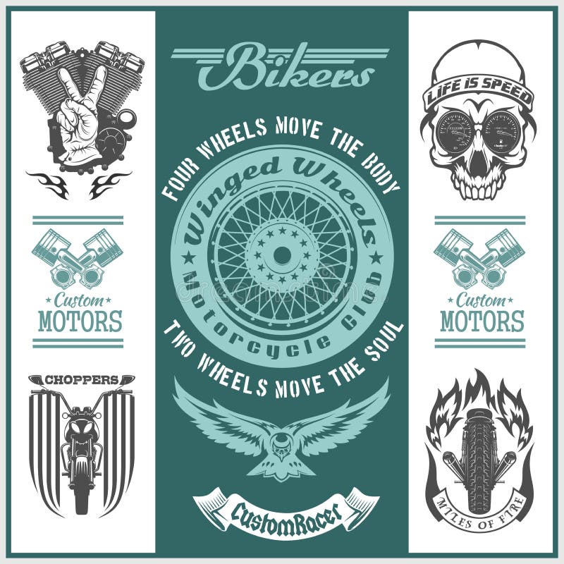 Motorcycle Vector Set with Vintage Custom Logos, Badges, Bikers Design ...