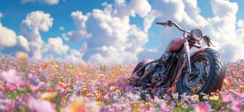 Motorcycle in Vibrant Flower Field Under Blue Sky with Fluffy Clouds ...