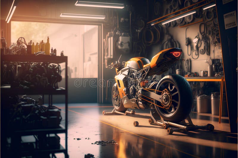 Motorcycle in a Workshop. 3d Rendering, 3d Illustration Stock ...