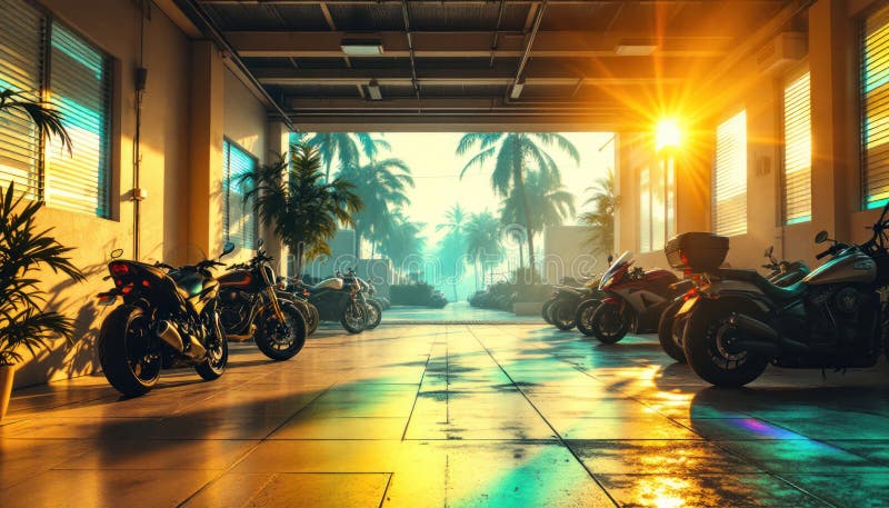 Motorcycles Parked in Garage Tropical Sunset View Stock Photo - Image ...