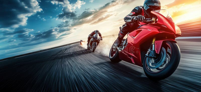 Motorcycles Racing on Track at Sunset, Dynamic Motion, Dramatic Sky ...