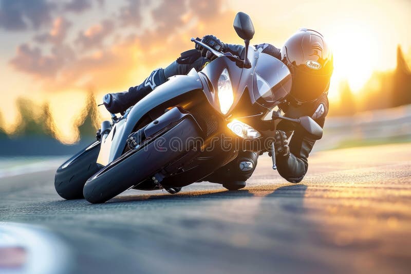 Motorcyclist Dynamically Leaning into a Sharp Turn during Intense ...