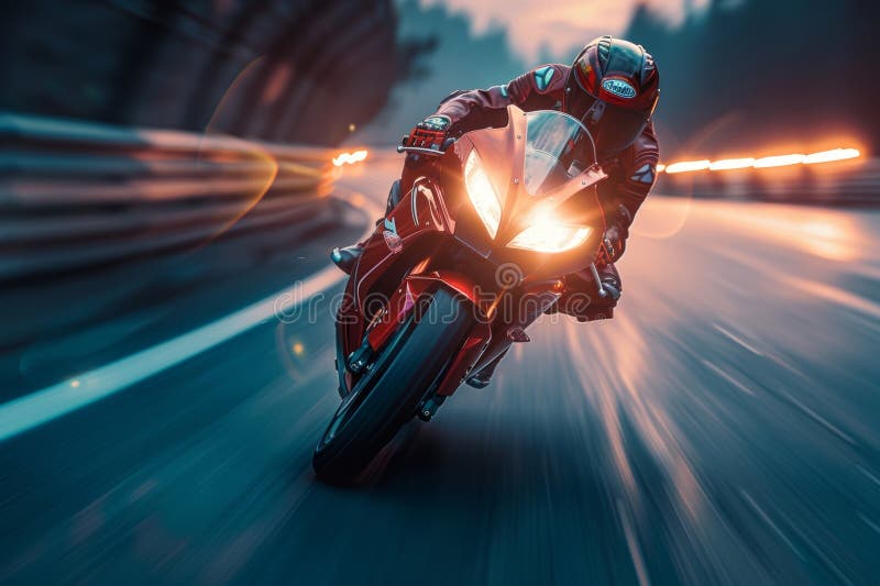 Motorcyclist Leaning into Sharp Turn at High Speed during Intense ...